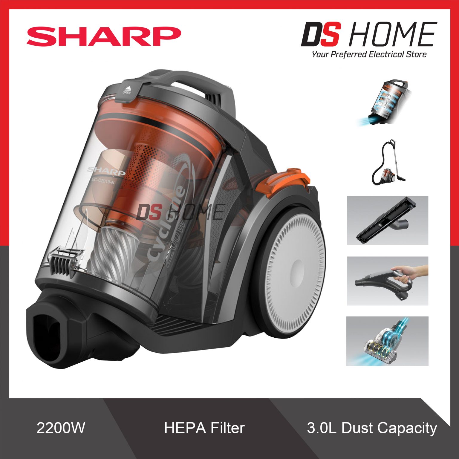 SHARP ECC2219N BAGLESS VACUUM CLEANER (2200 WATT VORTIX CYCLONE ACTION ...