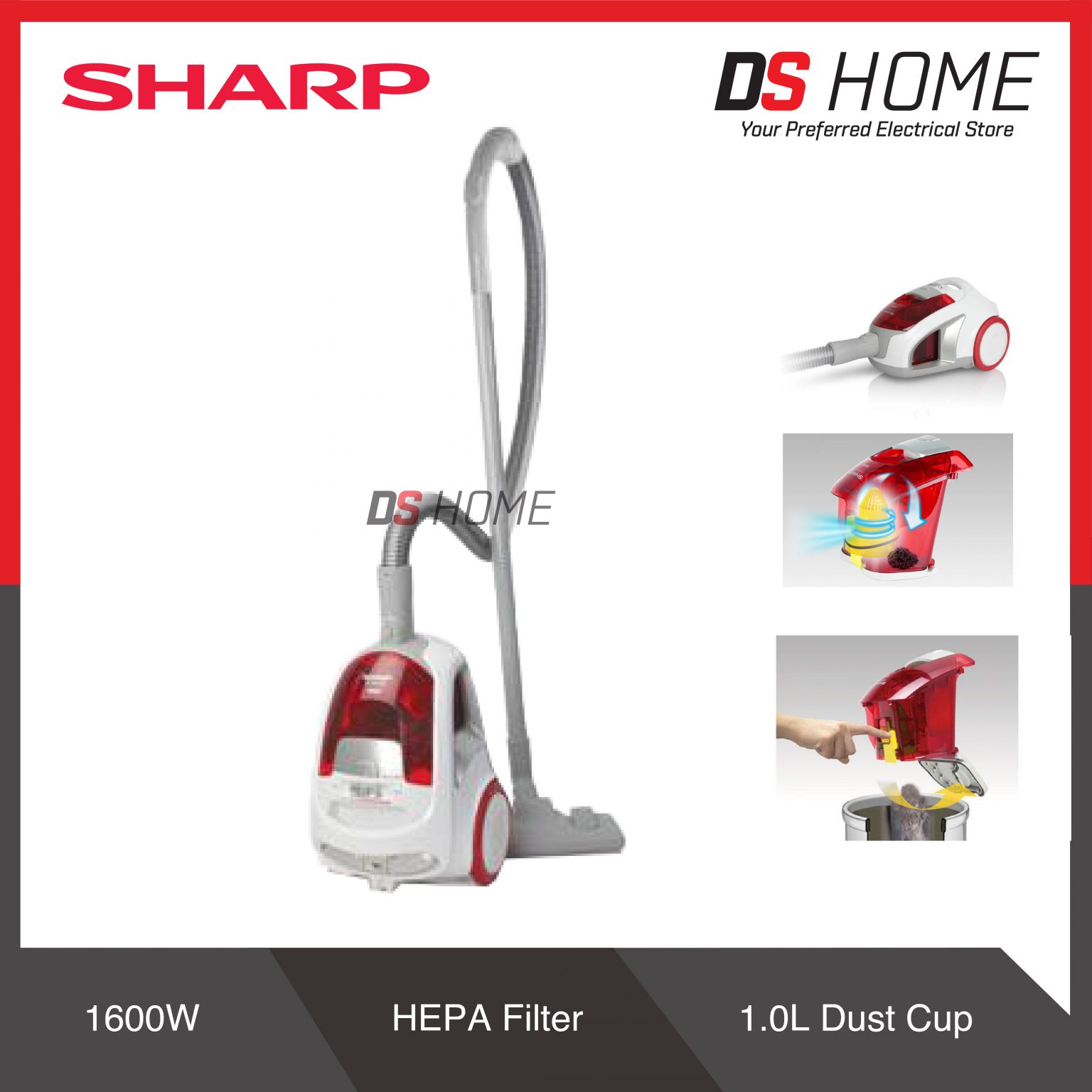 SHARP ECNS16R HEPA FILTER BAGLESS VACUUM CLEANER (1600W, RED) | DS HOME