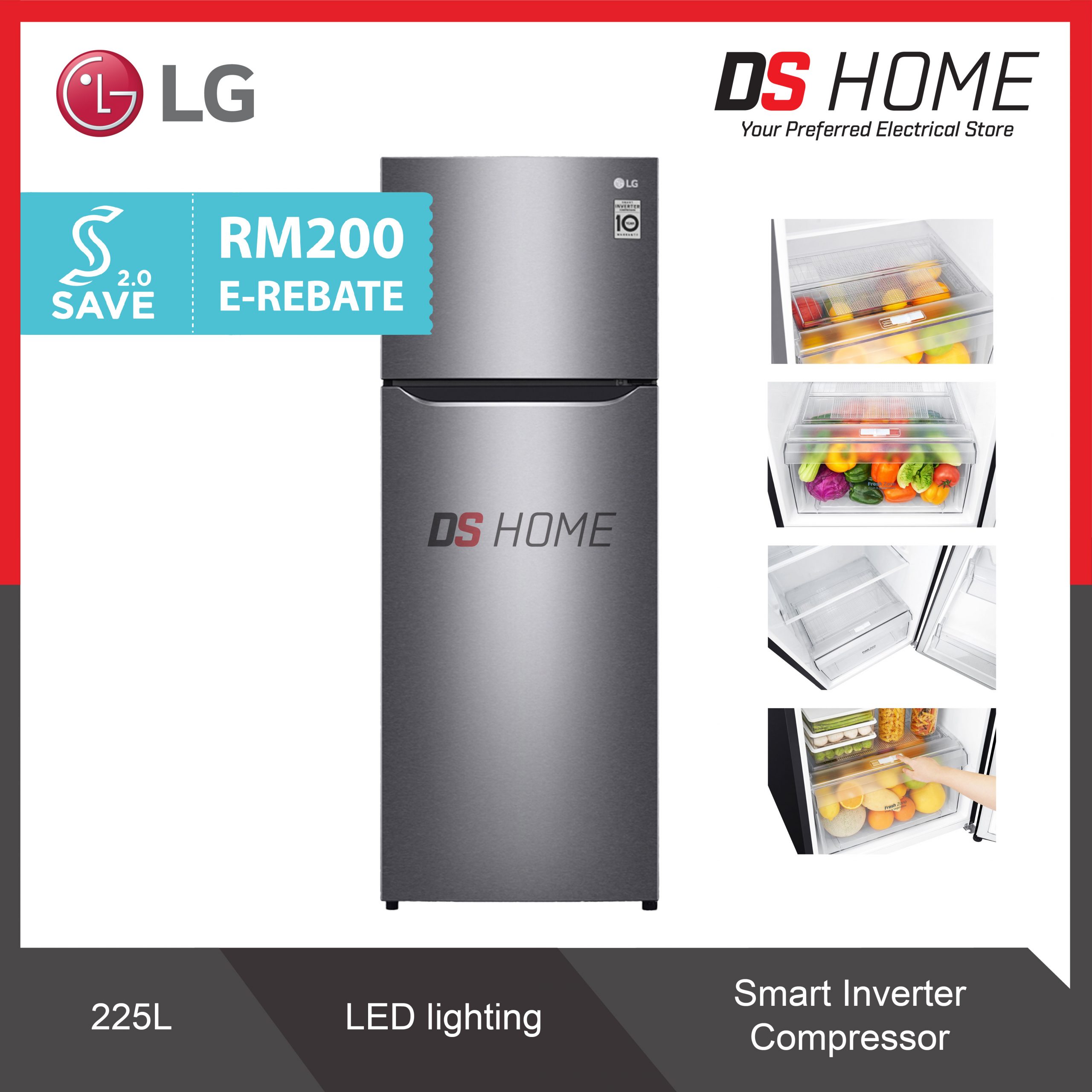 LG GN-B222SQBB 209L TOP FREEZER WITH MULTI AIR FLOW & SMART INVERTER ...