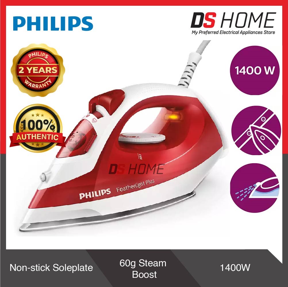 PHILIPS STEAM IRON FEATHERLIGHT PLUS WITH NON STICK SOLEPLATE 1400W RED ...